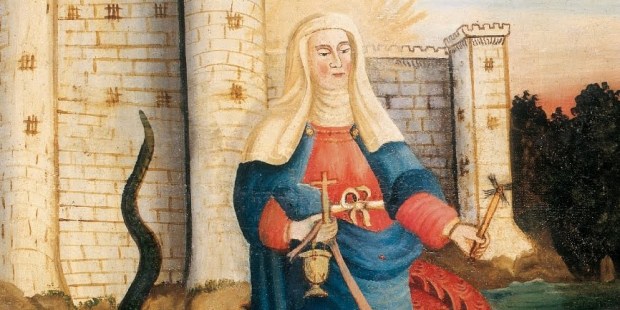 ¿Qué santa es representada arrojando agua bendita sobre un dragón?