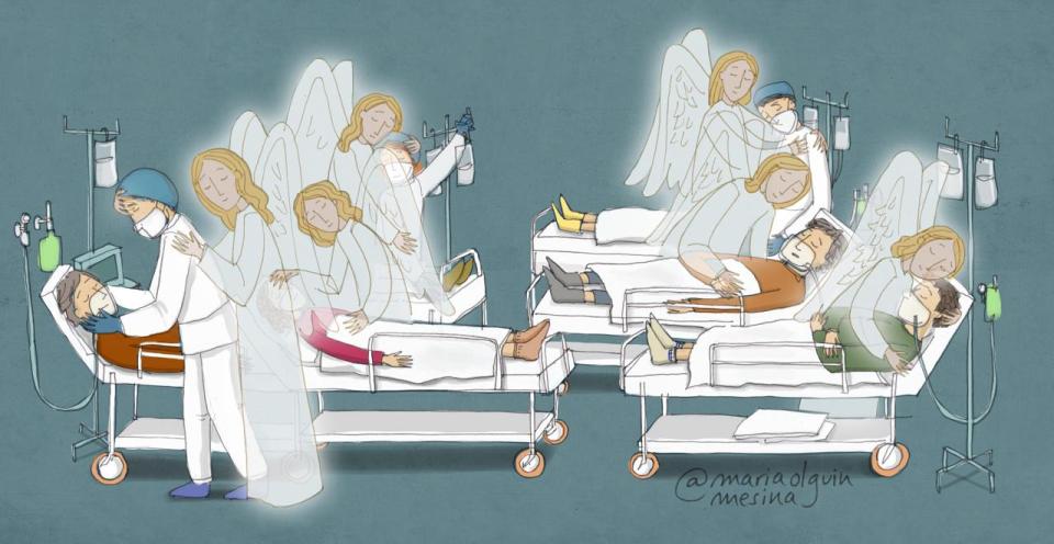 Una ilustradora dibuja a Dios junto a los enfermos de coronavirus